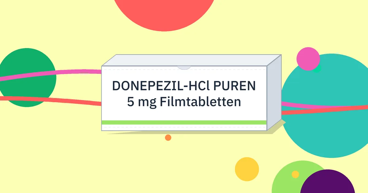 Symbolbild: Packung mit der Aufschrift DONEPEZIL-HCl PUREN 5 mg Filmtabletten (PZN 12774310) – Verfügbarkeit und Bezug in Apotheken in Frankfurt am Main