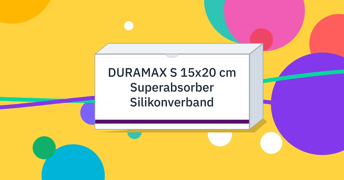 Symbolbild: Packung mit der Aufschrift DURAMAX S 15x20 cm Superabsorber Silikonverband (PZN 20165039) – Verfügbarkeit und Bezug in Apotheken in Frankfurt am Main