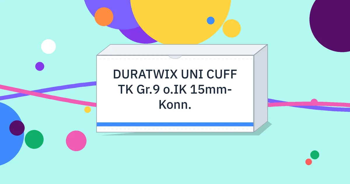 Symbolbild: Packung mit der Aufschrift DURATWIX UNI CUFF TK Gr.9 o.IK 15mm-Konn. (PZN 06963604) – Verfügbarkeit und Bezug in Apotheken in Frankfurt am Main