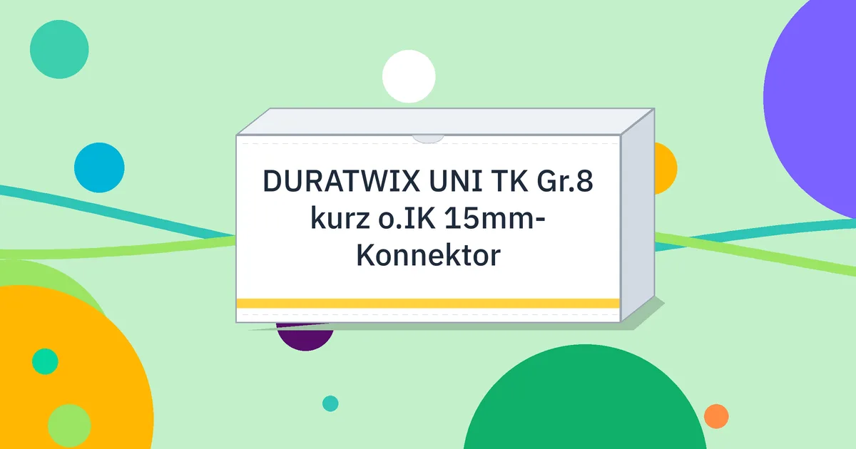 Symbolbild: Packung mit der Aufschrift DURATWIX UNI TK Gr.8 kurz o.IK 15mm-Konnektor (PZN 06968398) – Verfügbarkeit und Bezug in Apotheken in Frankfurt am Main