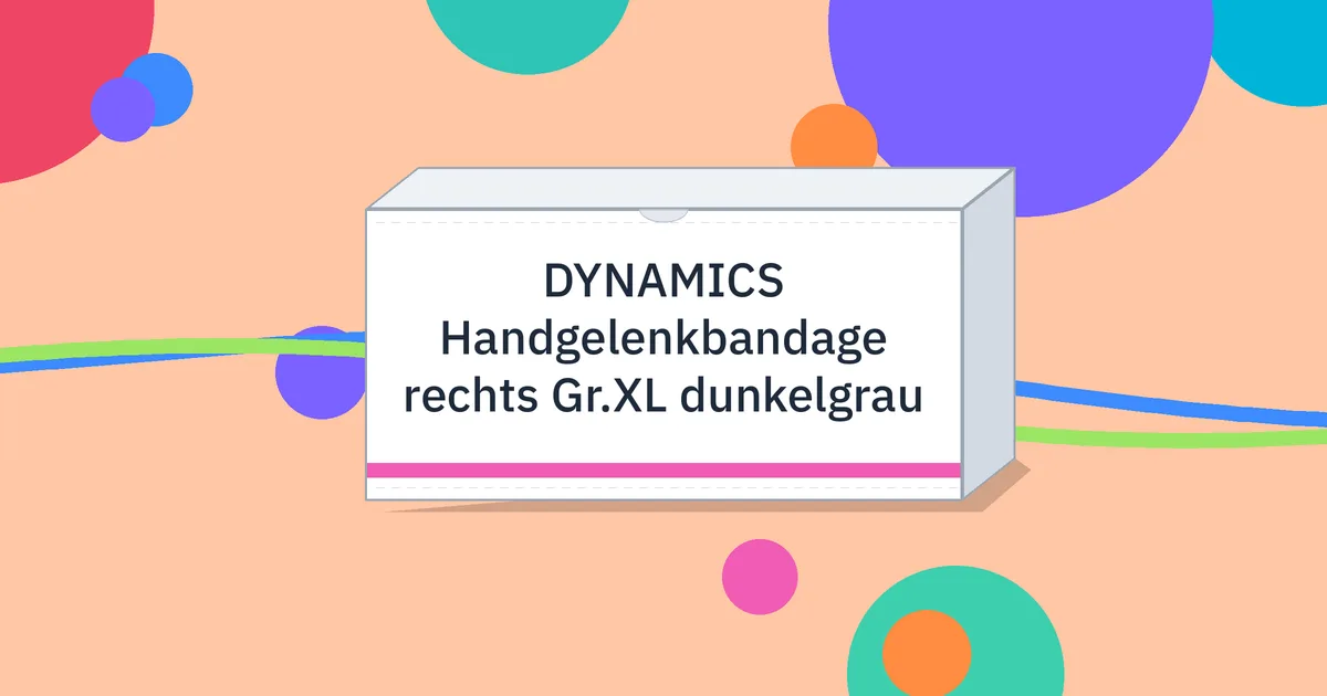 Symbolbild: Packung mit der Aufschrift DYNAMICS Handgelenkbandage rechts Gr.XL dunkelgrau (PZN 10633108) – Verfügbarkeit und Bezug in Apotheken in Frankfurt am Main