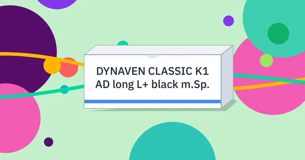 Symbolbild: Packung mit der Aufschrift DYNAVEN CLASSIC K1 AD long L+ black m.Sp. (PZN 18414848) – Verfügbarkeit und Bezug in Apotheken in Frankfurt am Main