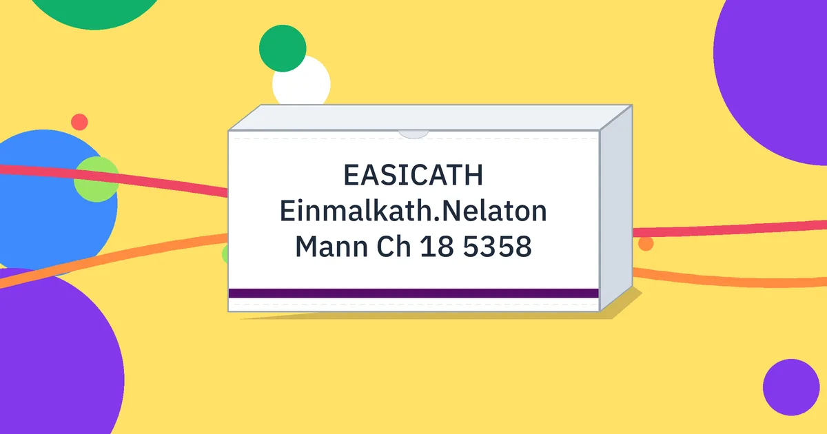 Symbolbild: Packung mit der Aufschrift EASICATH Einmalkath.Nelaton Mann Ch 18 5358 (PZN 00598807) – Verfügbarkeit und Bezug in Apotheken in Frankfurt am Main