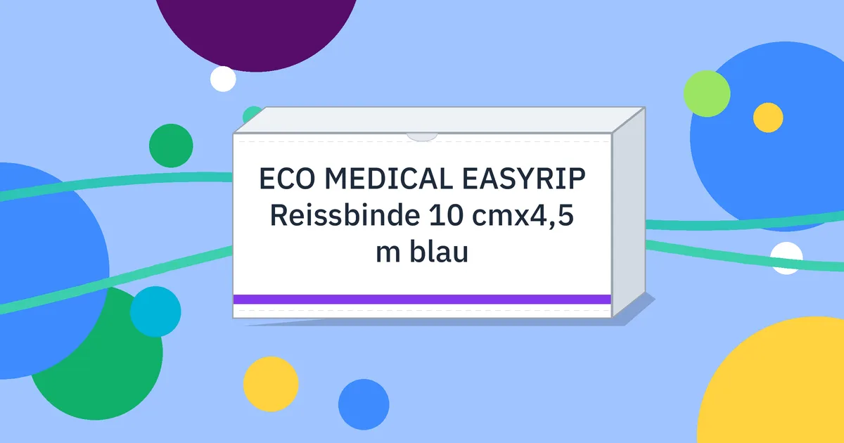 Symbolbild: Packung mit der Aufschrift ECO MEDICAL EASYRIP Reissbinde 10 cmx4,5 m blau (PZN 11142401) – Verfügbarkeit und Bezug in Apotheken in Frankfurt am Main