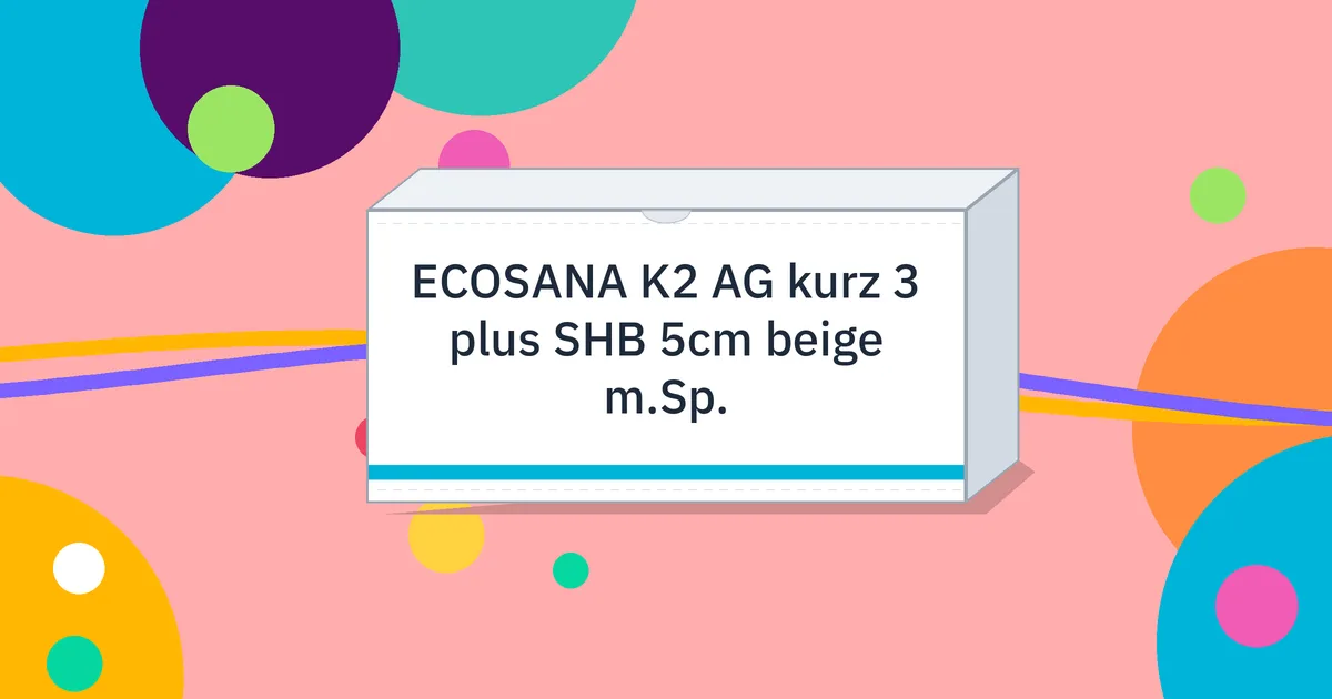 Symbolbild: Packung mit der Aufschrift ECOSANA K2 AG kurz 3 plus SHB 5cm beige m.Sp. (PZN 01425693) – Verfügbarkeit und Bezug in Apotheken in Frankfurt am Main