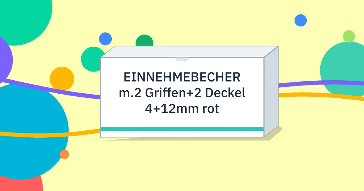 Symbolbild: Packung mit der Aufschrift EINNEHMEBECHER m.2 Griffen+2 Deckel 4+12mm rot (PZN 09424049) – Verfügbarkeit und Bezug in Apotheken in Frankfurt am Main