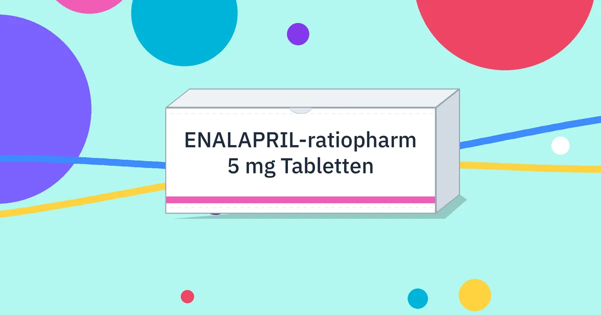 Symbolbild: Packung mit der Aufschrift ENALAPRIL-ratiopharm 5 mg Tabletten (PZN 00638211) – Verfügbarkeit und Bezug in Apotheken in Frankfurt am Main