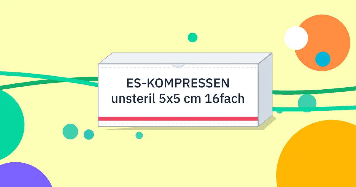 Symbolbild: Packung mit der Aufschrift ES-KOMPRESSEN unsteril 5x5 cm 16fach (PZN 17434234) – Verfügbarkeit und Bezug in Apotheken in Frankfurt am Main