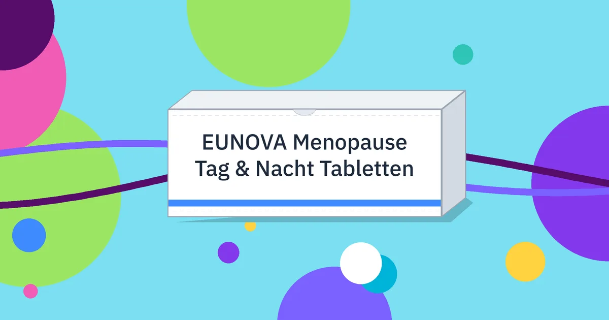 Symbolbild: Packung mit der Aufschrift EUNOVA Menopause Tag & Nacht Tabletten (PZN 19873819) – Verfügbarkeit und Bezug in Apotheken in Frankfurt am Main