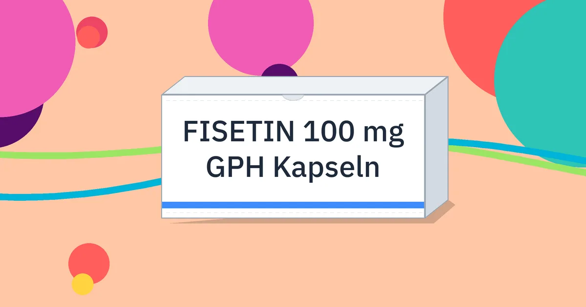 Symbolbild: Packung mit der Aufschrift FISETIN 100 mg GPH Kapseln (PZN 20806857) – Verfügbarkeit und Bezug in Apotheken in Frankfurt am Main