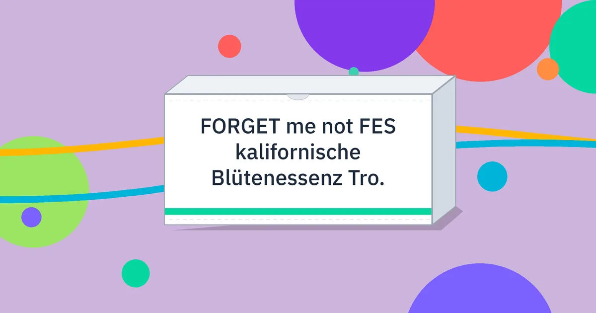Symbolbild: Packung mit der Aufschrift FORGET me not FES kalifornische Blütenessenz Tro. (PZN 09173386) – Verfügbarkeit und Bezug in Apotheken in Frankfurt am Main