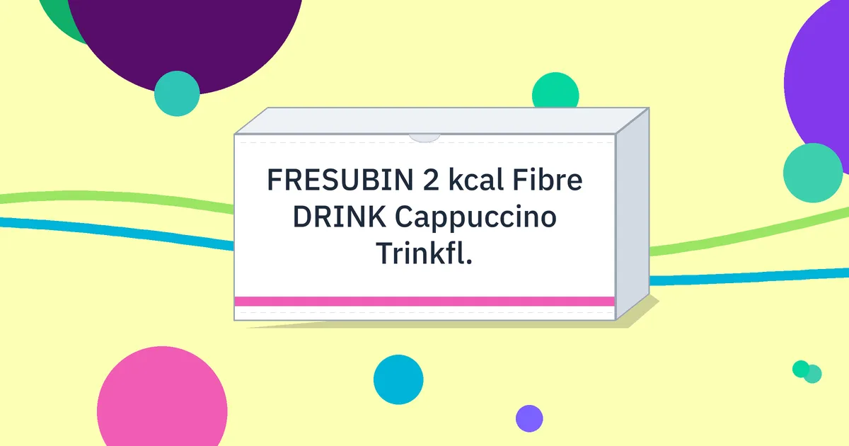 Symbolbild: Packung mit der Aufschrift FRESUBIN 2 kcal Fibre DRINK Cappuccino Trinkfl. (PZN 09619936) – Verfügbarkeit und Bezug in Apotheken in Frankfurt am Main