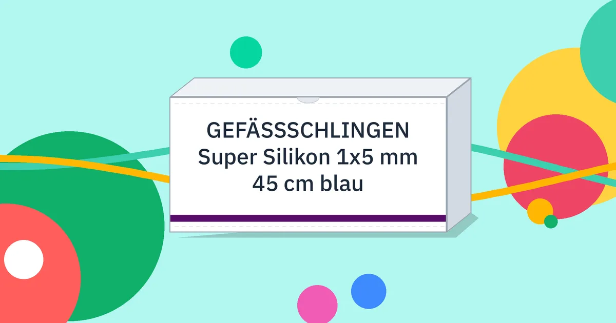 Symbolbild: Packung mit der Aufschrift GEFÄSSSCHLINGEN Super Silikon 1x5 mm 45 cm blau (PZN 04500596) – Verfügbarkeit und Bezug in Apotheken in Frankfurt am Main