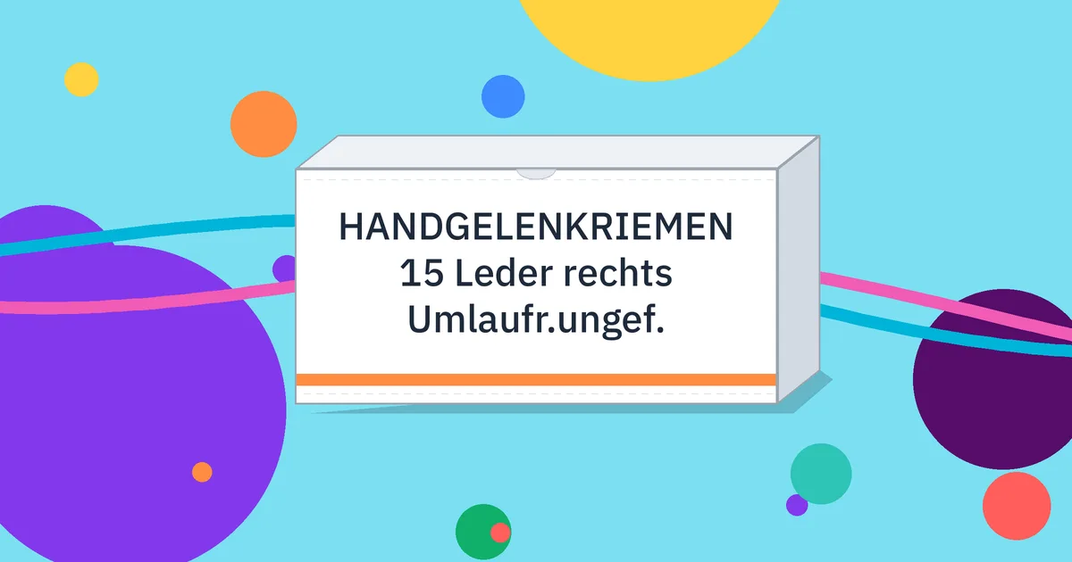 Symbolbild: Packung mit der Aufschrift HANDGELENKRIEMEN 15 Leder rechts Umlaufr.ungef. (PZN 03230462) – Verfügbarkeit und Bezug in Apotheken in Frankfurt am Main
