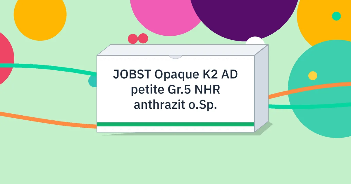 Symbolbild: Packung mit der Aufschrift JOBST Opaque K2 AD petite Gr.5 NHR anthrazit o.Sp. (PZN 16279464) – Verfügbarkeit und Bezug in Apotheken in Frankfurt am Main