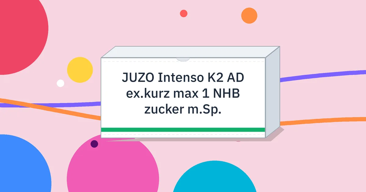 Symbolbild: Packung mit der Aufschrift JUZO Intenso K2 AD ex.kurz max 1 NHB zucker m.Sp. (PZN 18610087) – Verfügbarkeit und Bezug in Apotheken in Frankfurt am Main