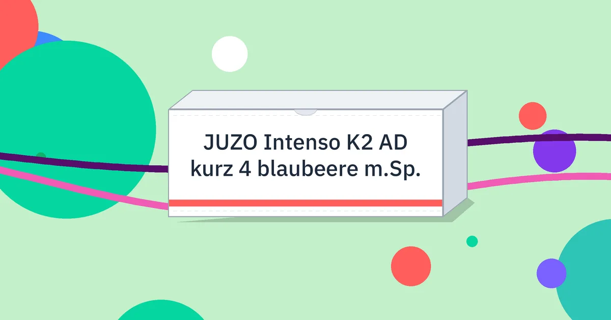 Symbolbild: Packung mit der Aufschrift JUZO Intenso K2 AD kurz 4 blaubeere m.Sp. (PZN 18607518) – Verfügbarkeit und Bezug in Apotheken in Frankfurt am Main