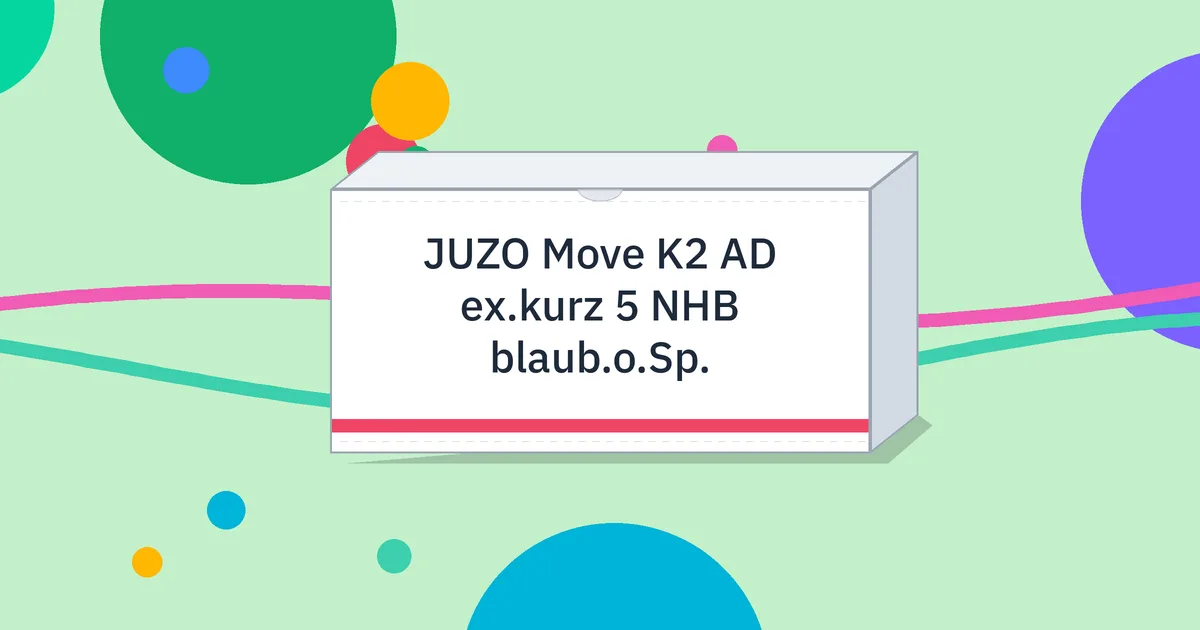 Symbolbild: Packung mit der Aufschrift JUZO Move K2 AD ex.kurz 5 NHB blaub.o.Sp. (PZN 18542397) – Verfügbarkeit und Bezug in Apotheken in Frankfurt am Main