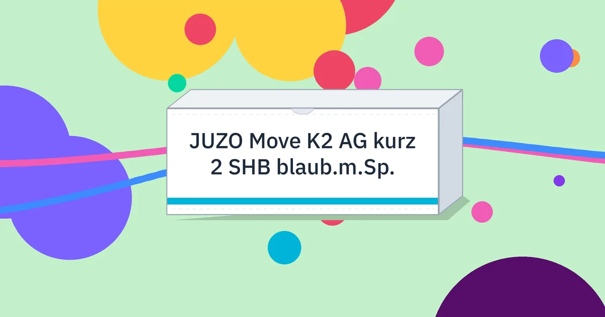Symbolbild: Packung mit der Aufschrift JUZO Move K2 AG kurz 2 SHB blaub.m.Sp. (PZN 18559481) – Verfügbarkeit und Bezug in Apotheken in Frankfurt am Main