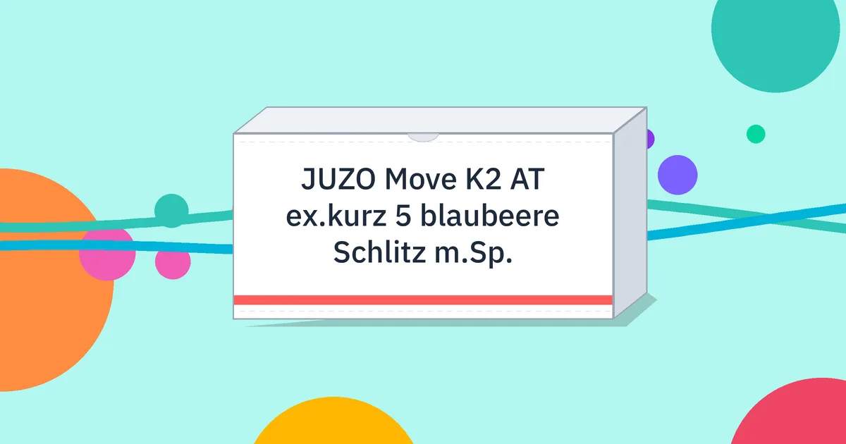 Symbolbild: Packung mit der Aufschrift JUZO Move K2 AT ex.kurz 5 blaubeere Schlitz m.Sp. (PZN 20671854) – Verfügbarkeit und Bezug in Apotheken in Frankfurt am Main