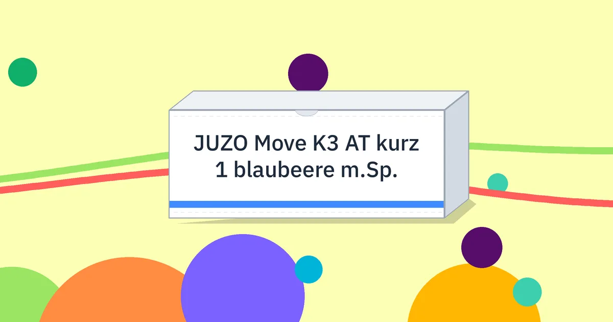 Symbolbild: Packung mit der Aufschrift JUZO Move K3 AT kurz 1 blaubeere m.Sp. (PZN 20683165) – Verfügbarkeit und Bezug in Apotheken in Frankfurt am Main