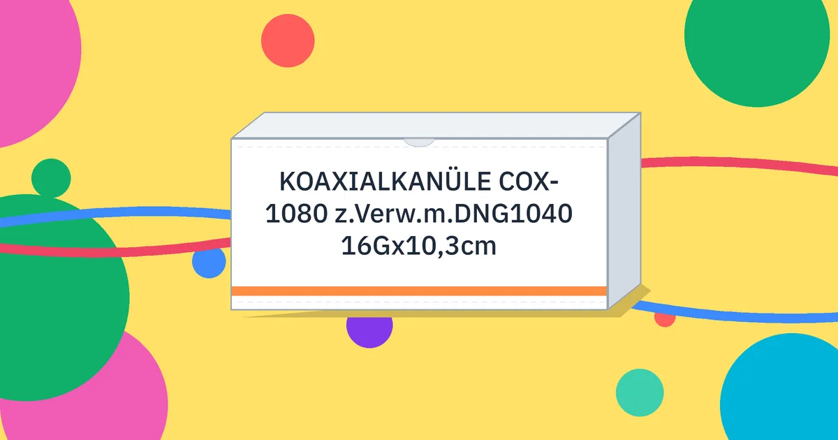 Symbolbild: Packung mit der Aufschrift KOAXIALKANÜLE COX-1080 z.Verw.m.DNG1040 16Gx10,3cm (PZN 00284664) – Verfügbarkeit und Bezug in Apotheken in Frankfurt am Main