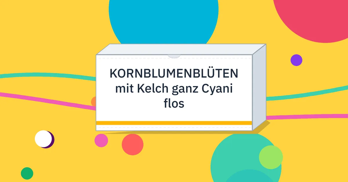 Symbolbild: Packung mit der Aufschrift KORNBLUMENBLÜTEN mit Kelch ganz Cyani flos (PZN 20953771) – Verfügbarkeit und Bezug in Apotheken in Frankfurt am Main