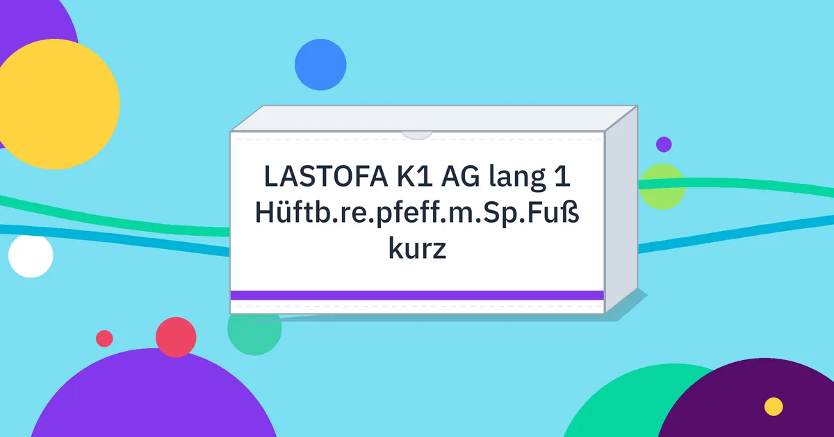 Symbolbild: Packung mit der Aufschrift LASTOFA K1 AG lang 1 Hüftb.re.pfeff.m.Sp.Fuß kurz (PZN 13797460) – Verfügbarkeit und Bezug in Apotheken in Frankfurt am Main