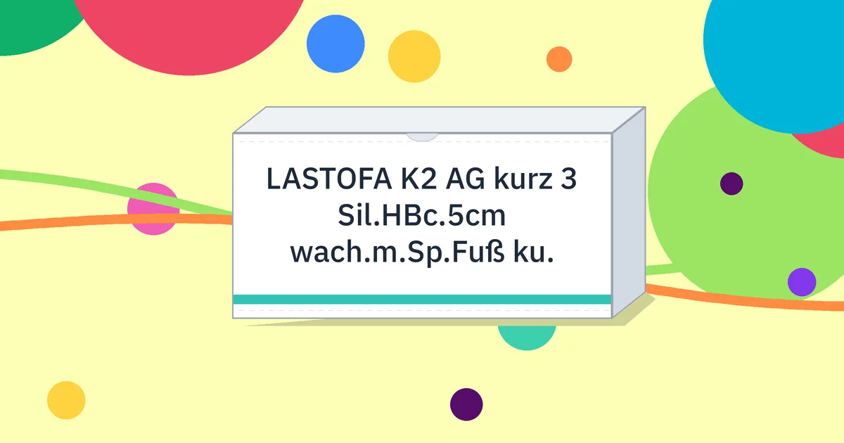 Symbolbild: Packung mit der Aufschrift LASTOFA K2 AG kurz 3 Sil.HBc.5cm wach.m.Sp.Fuß ku. (PZN 13804349) – Verfügbarkeit und Bezug in Apotheken in Frankfurt am Main