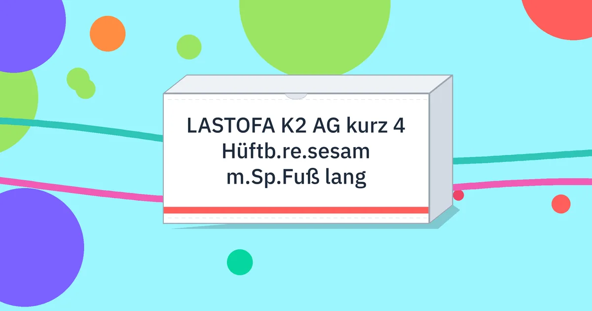 Symbolbild: Packung mit der Aufschrift LASTOFA K2 AG kurz 4 Hüftb.re.sesam m.Sp.Fuß lang (PZN 13811697) – Verfügbarkeit und Bezug in Apotheken in Frankfurt am Main