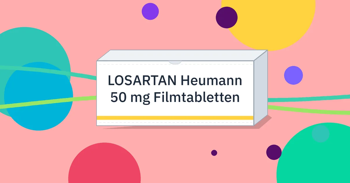 Symbolbild: Packung mit der Aufschrift LOSARTAN Heumann 50 mg Filmtabletten (PZN 05371669) – Verfügbarkeit und Bezug in Apotheken in Frankfurt am Main
