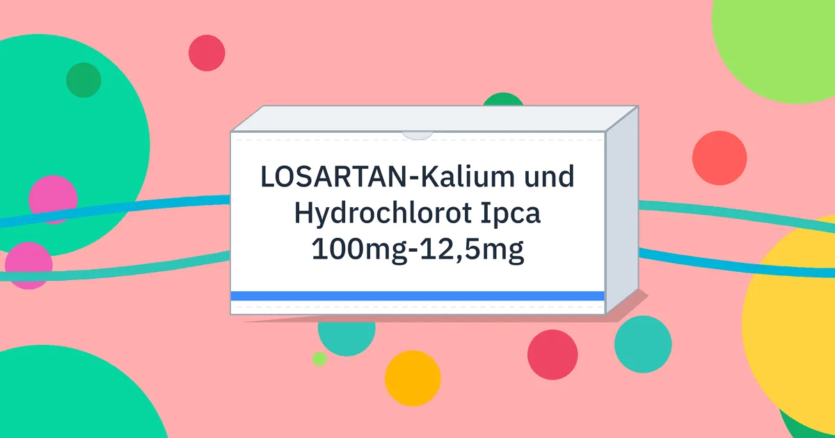 Symbolbild: Packung mit der Aufschrift LOSARTAN-Kalium und Hydrochlorot Ipca 100mg-12,5mg (PZN 19744536) – Verfügbarkeit und Bezug in Apotheken in Frankfurt am Main