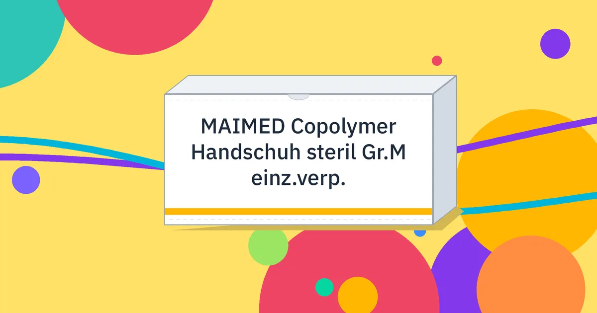 Symbolbild: Packung mit der Aufschrift MAIMED Copolymer Handschuh steril Gr.M einz.verp. (PZN 09522384) – Verfügbarkeit und Bezug in Apotheken in Frankfurt am Main