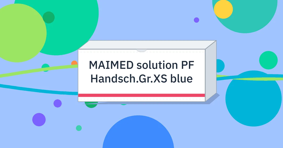 Symbolbild: Packung mit der Aufschrift MAIMED solution PF Handsch.Gr.XS blue (PZN 07764864) – Verfügbarkeit und Bezug in Apotheken in Frankfurt am Main