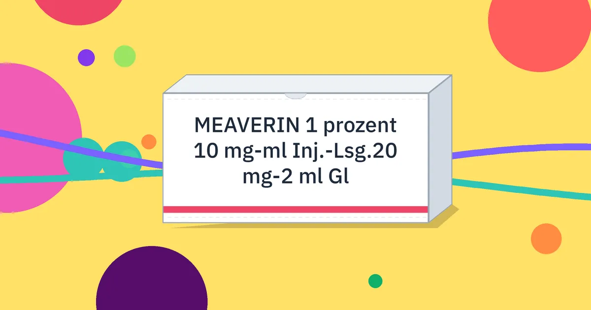 Symbolbild: Packung mit der Aufschrift MEAVERIN 1 prozent 10 mg-ml Inj.-Lsg.20 mg-2 ml Gl (PZN 11356160) – Verfügbarkeit und Bezug in Apotheken in Frankfurt am Main