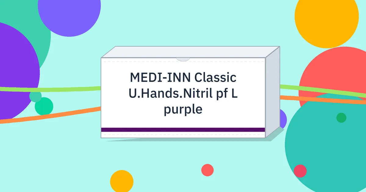 Symbolbild: Packung mit der Aufschrift MEDI-INN Classic U.Hands.Nitril pf L purple (PZN 18444915) – Verfügbarkeit und Bezug in Apotheken in Frankfurt am Main