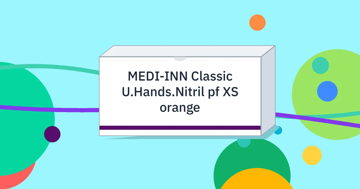 Symbolbild: Packung mit der Aufschrift MEDI-INN Classic U.Hands.Nitril pf XS orange (PZN 18854263) – Verfügbarkeit und Bezug in Apotheken in Frankfurt am Main