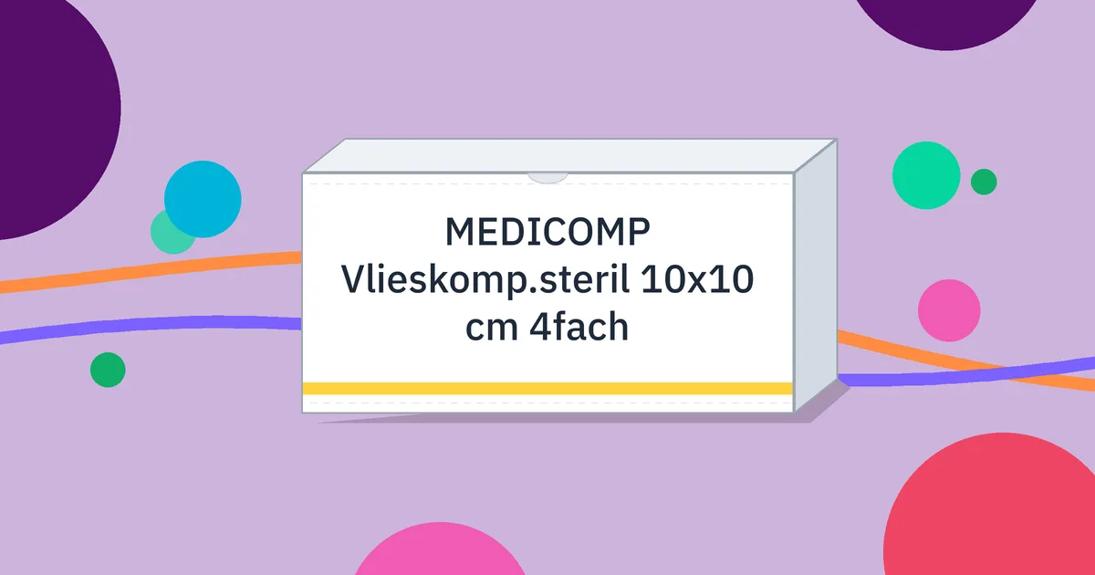 Symbolbild: Packung mit der Aufschrift MEDICOMP Vlieskomp.steril 10x10 cm 4fach (PZN 18363275) – Verfügbarkeit und Bezug in Apotheken in Frankfurt am Main