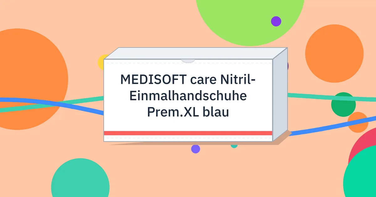 Symbolbild: Packung mit der Aufschrift MEDISOFT care Nitril-Einmalhandschuhe Prem.XL blau (PZN 20028437) – Verfügbarkeit und Bezug in Apotheken in Frankfurt am Main