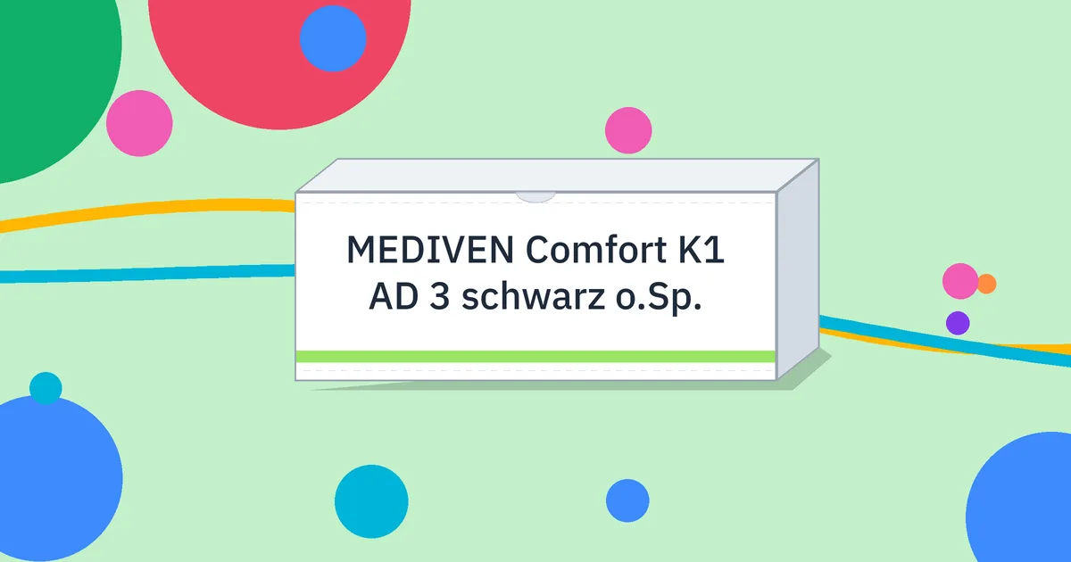 Symbolbild: Packung mit der Aufschrift MEDIVEN Comfort K1 AD 3 schwarz o.Sp. (PZN 04418423) – Verfügbarkeit und Bezug in Apotheken in Frankfurt am Main