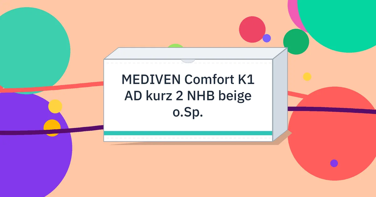 Symbolbild: Packung mit der Aufschrift MEDIVEN Comfort K1 AD kurz 2 NHB beige o.Sp. (PZN 14556764) – Verfügbarkeit und Bezug in Apotheken in Frankfurt am Main
