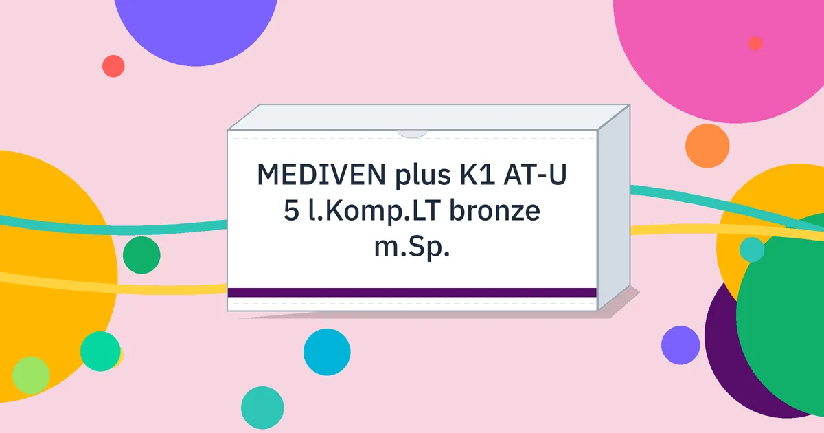 Symbolbild: Packung mit der Aufschrift MEDIVEN plus K1 AT-U 5 l.Komp.LT bronze m.Sp. (PZN 15033695) – Verfügbarkeit und Bezug in Apotheken in Frankfurt am Main