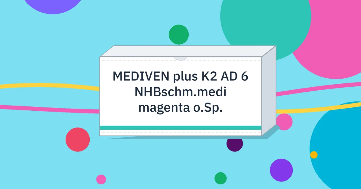 Symbolbild: Packung mit der Aufschrift MEDIVEN plus K2 AD 6 NHBschm.medi magenta o.Sp. (PZN 15938522) – Verfügbarkeit und Bezug in Apotheken in Frankfurt am Main