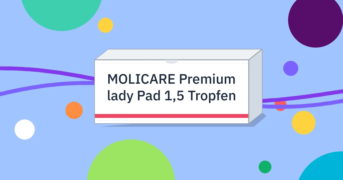 Symbolbild: Packung mit der Aufschrift MOLICARE Premium lady Pad 1,5 Tropfen (PZN 18683577) – Verfügbarkeit und Bezug in Apotheken in Frankfurt am Main