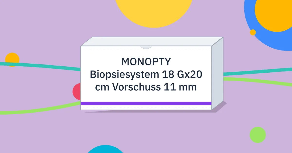 Symbolbild: Packung mit der Aufschrift MONOPTY Biopsiesystem 18 Gx20 cm Vorschuss 11 mm (PZN 03473176) – Verfügbarkeit und Bezug in Apotheken in Frankfurt am Main