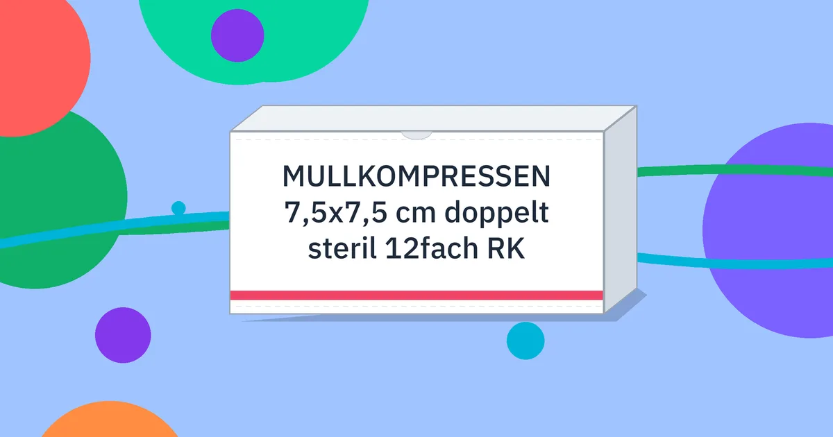 Symbolbild: Packung mit der Aufschrift MULLKOMPRESSEN 7,5x7,5 cm doppelt steril 12fach RK (PZN 12348843) – Verfügbarkeit und Bezug in Apotheken in Frankfurt am Main
