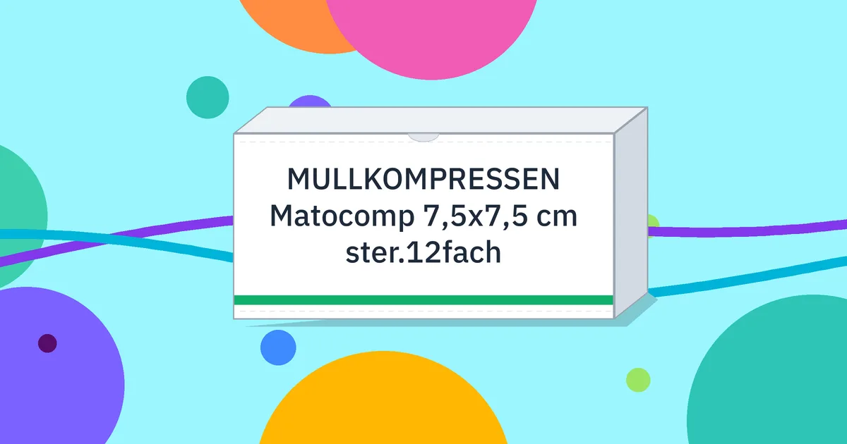 Symbolbild: Packung mit der Aufschrift MULLKOMPRESSEN Matocomp 7,5x7,5 cm ster.12fach (PZN 03377886) – Verfügbarkeit und Bezug in Apotheken in Frankfurt am Main
