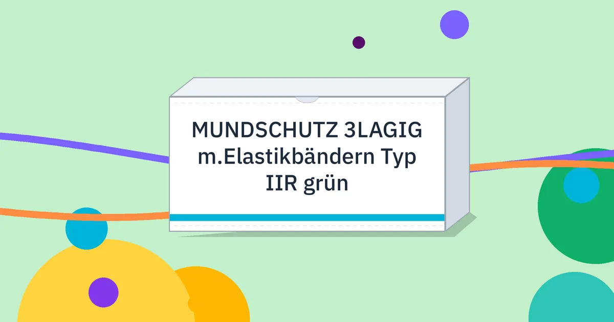 Symbolbild: Packung mit der Aufschrift MUNDSCHUTZ 3LAGIG m.Elastikbändern Typ IIR grün (PZN 17903456) – Verfügbarkeit und Bezug in Apotheken in Frankfurt am Main