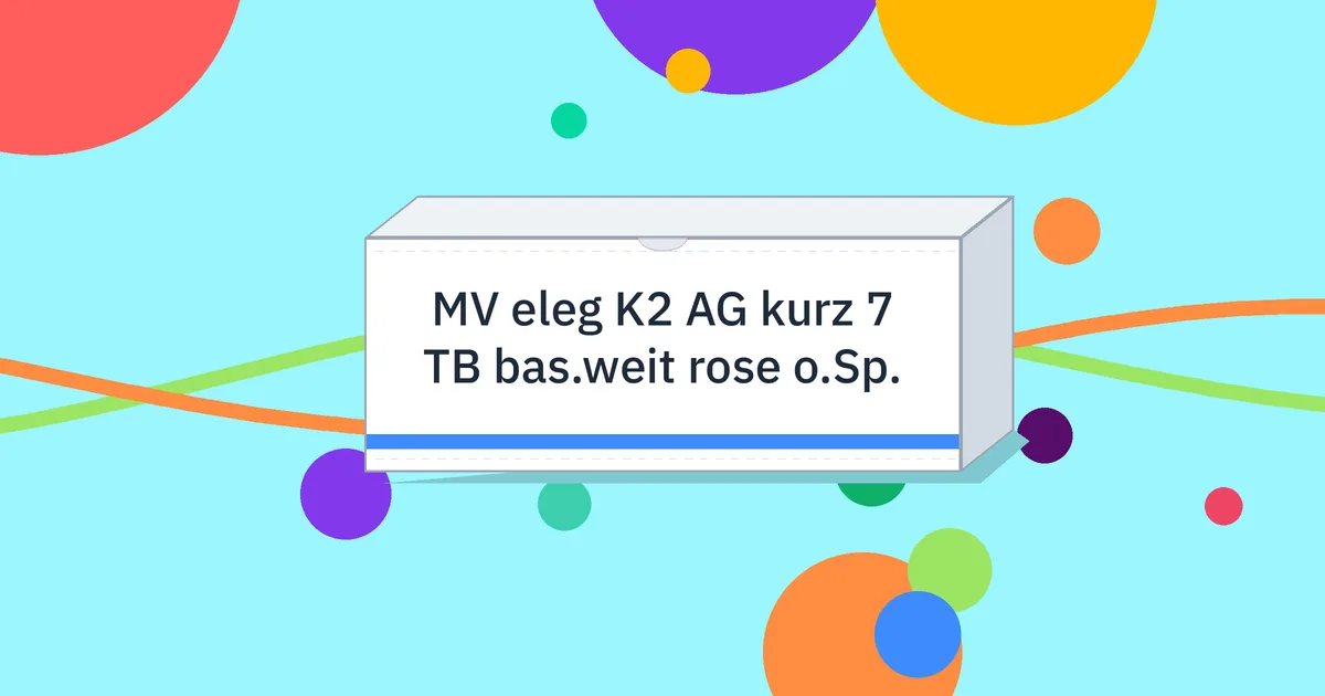 Symbolbild: Packung mit der Aufschrift MV eleg K2 AG kurz 7 TB bas.weit rose o.Sp. (PZN 14698180) – Verfügbarkeit und Bezug in Apotheken in Frankfurt am Main