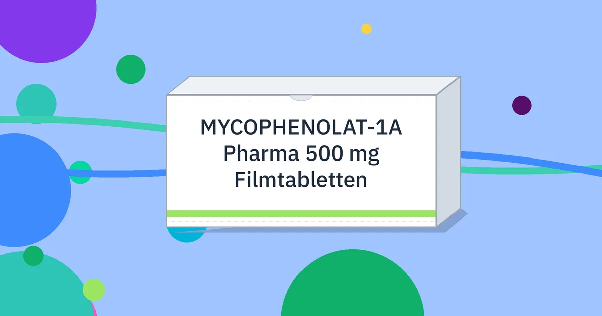 Symbolbild: Packung mit der Aufschrift MYCOPHENOLAT-1A Pharma 500 mg Filmtabletten (PZN 06810332) – Verfügbarkeit und Bezug in Apotheken in Frankfurt am Main